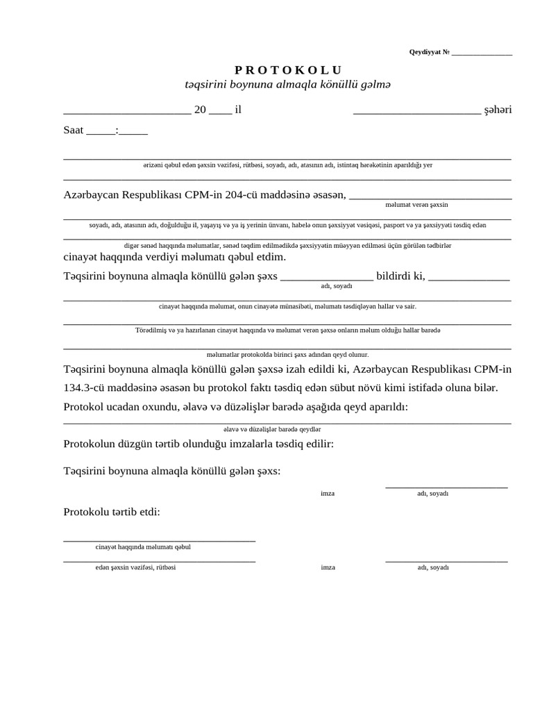 Təqsirini Boynuna Almaqla Könüllü GƏLMƏ: Protokolu | PDF