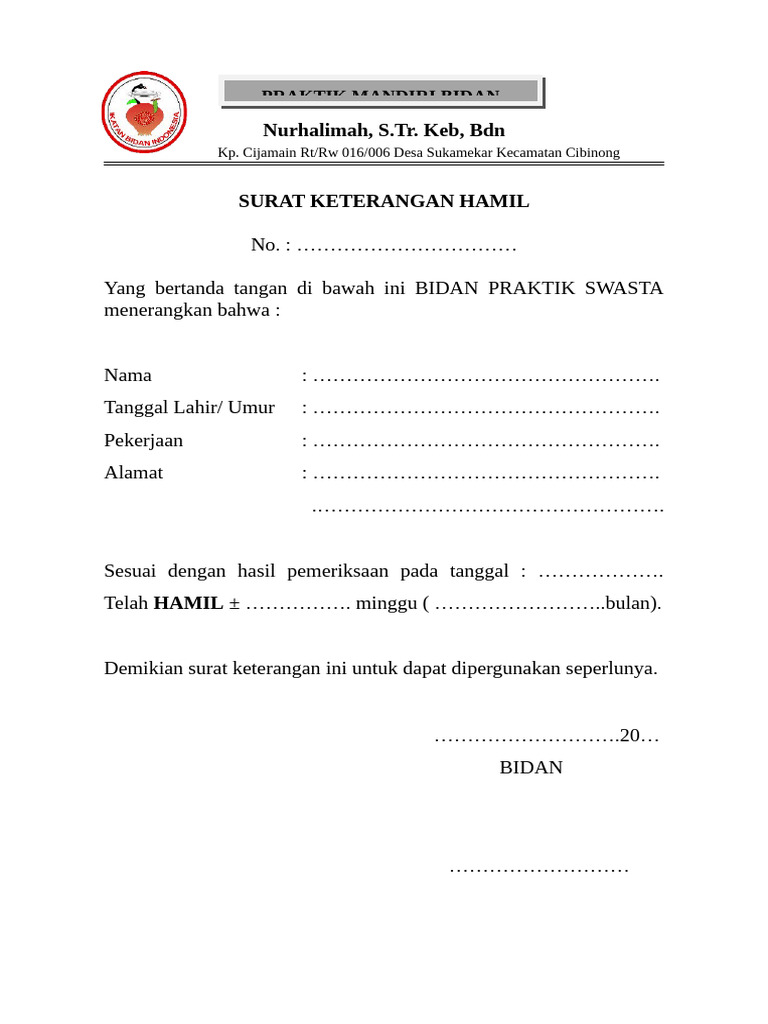 Surat Keterangan Hamil Resmi Bidan | PDF