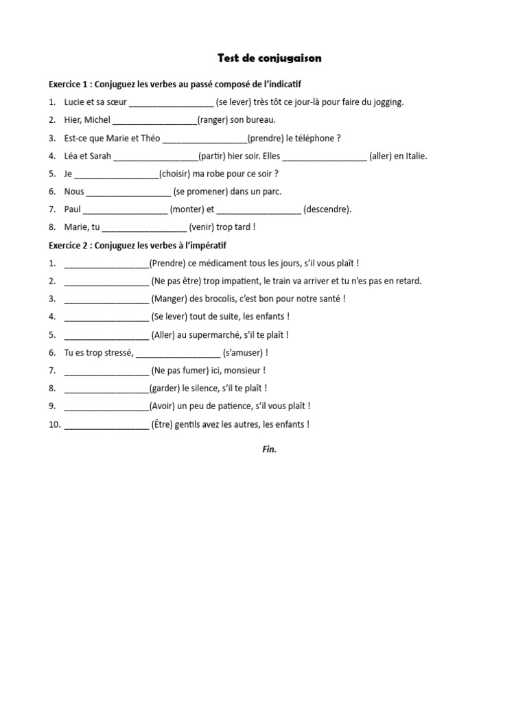 Test de conjugaison : passé et impératif | PDF