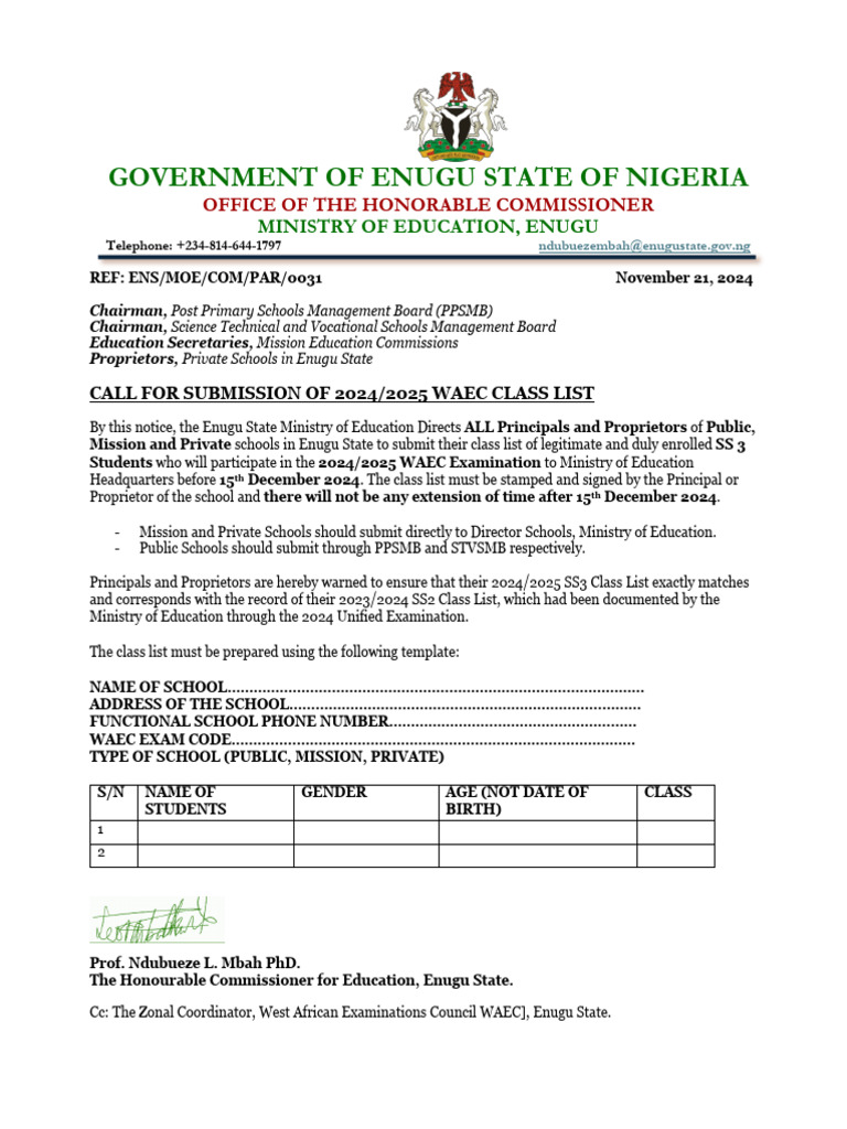 PAR 31 - Call For WAEC Class List | PDF