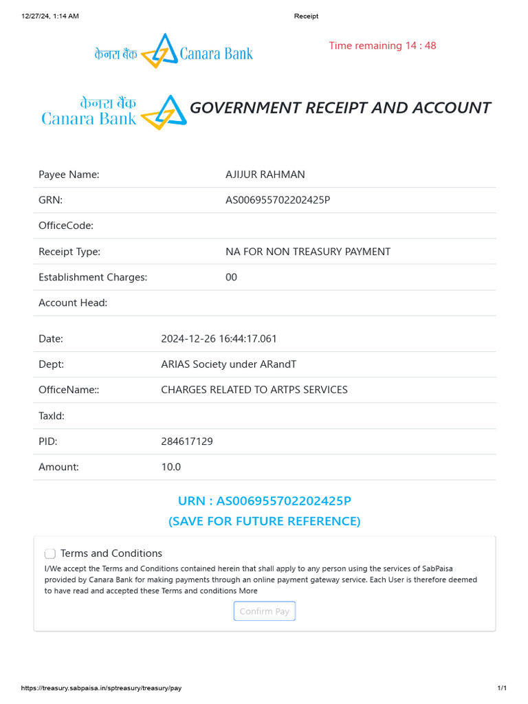 Government Payment Receipt for ARIAS | PDF