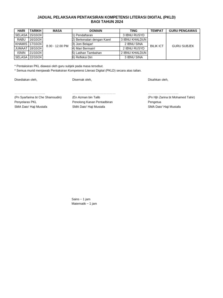 JADUAL PKLD 2024 | PDF