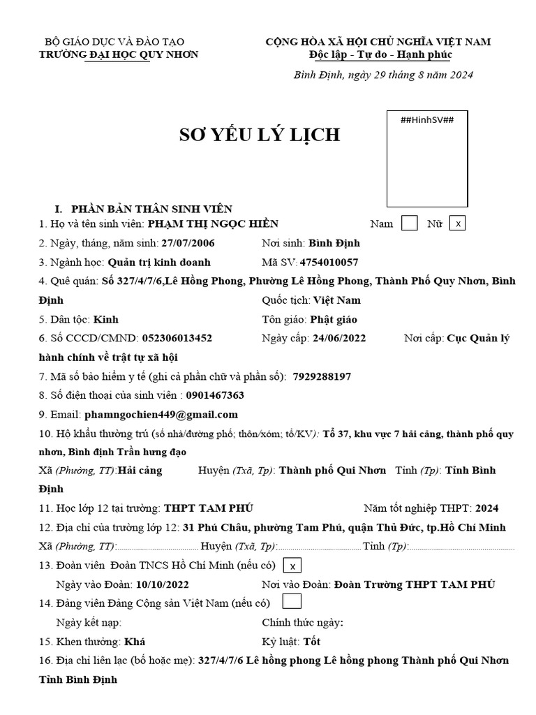 Sơ yếu lý lịch - 4754010057 | PDF