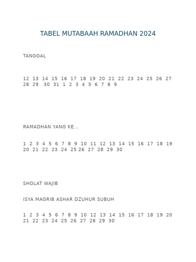 Tabel Mutabaah Ramadhan 2024 | PDF