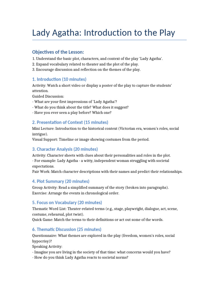 Lady Agatha Introduction Lesson Plan | PDF