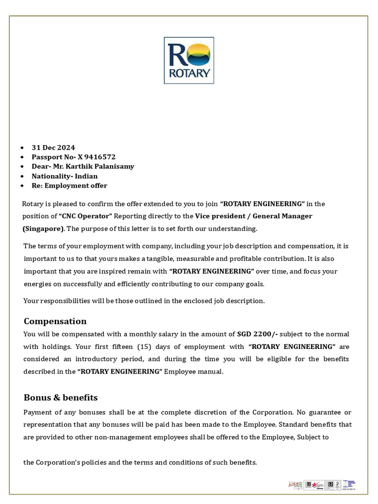Rotary Engineering Job Offer Letter | PDF | Employment | Injunction