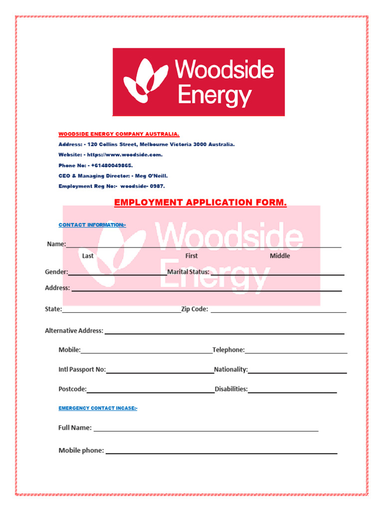 WOODSIDE ENERGY COMPANY AUSTRALIA EMPLOYMENT APPLICATION FORM. | PDF