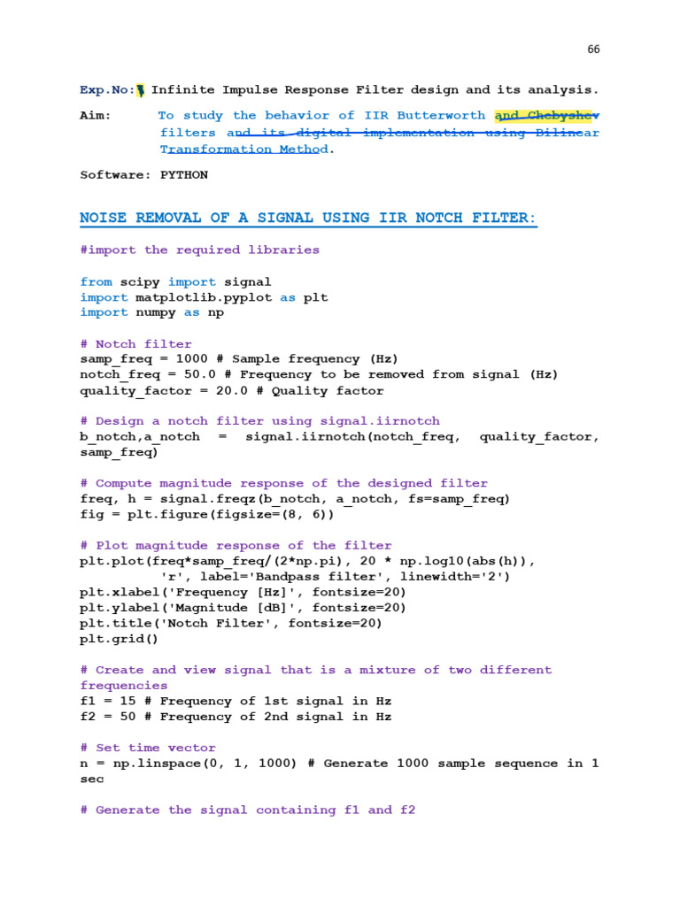 Expt 9 B IIR Using Python For Notch Filter and LPF | PDF | Filter (Signal Processing ...