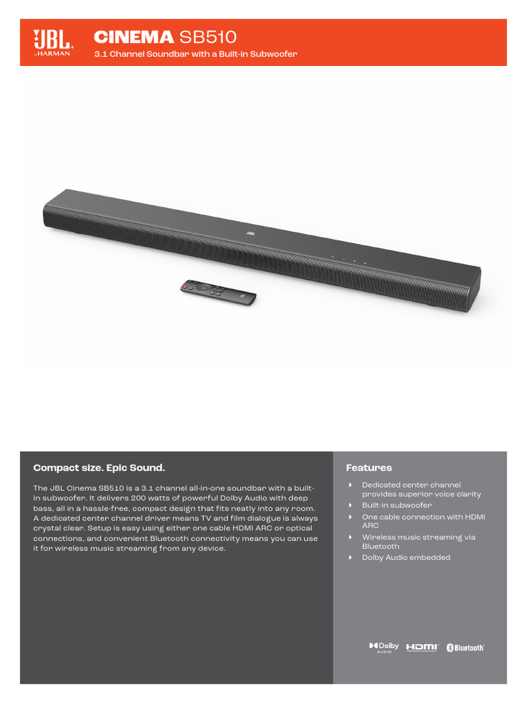 JBL Cinema SB510 Soundbar Overview | PDF | Sound | Information And ...