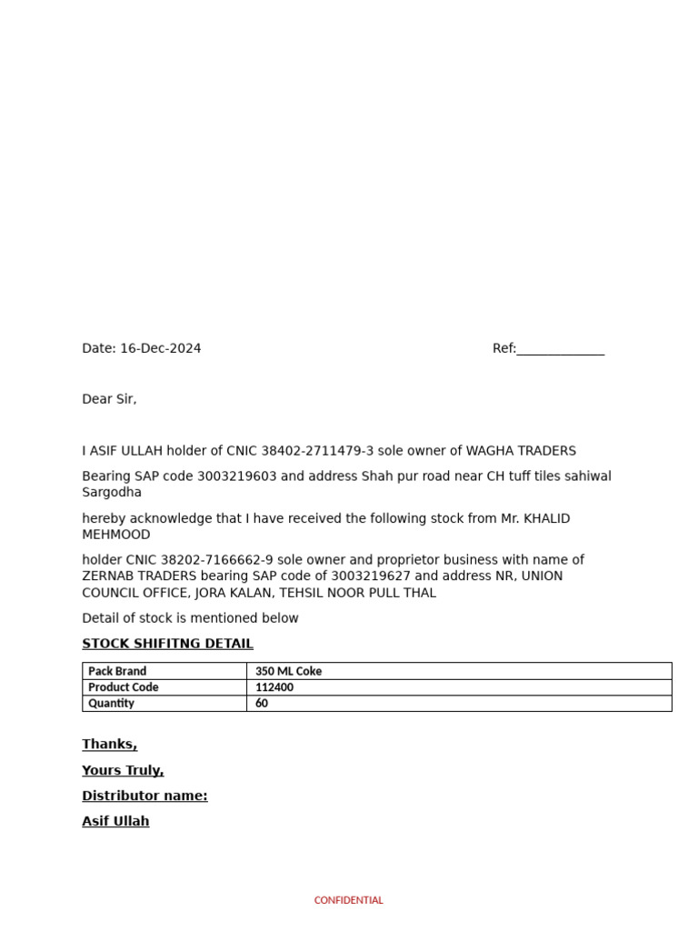 Stock Shifitng Letter From Zernab Traders | PDF