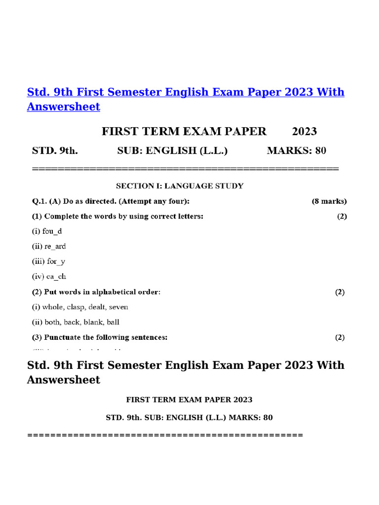 Std. 9th First Semester English Exam Paper 2023 With Answersheet | PDF ...