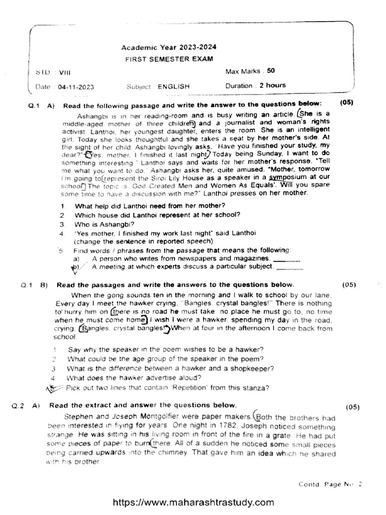 Mh Board Class 8 1 Sem English 270924 Nov 2023 | PDF