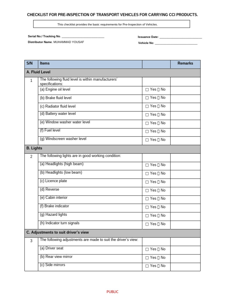 Pre-Inspect vehicle checklist | PDF | Vehicle Technology | Car Body Styles