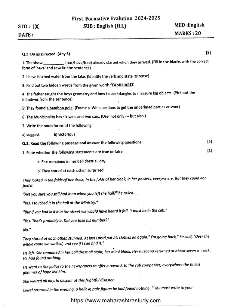 MH Board Class 9 Ut1 English HL 300824 2025 | PDF