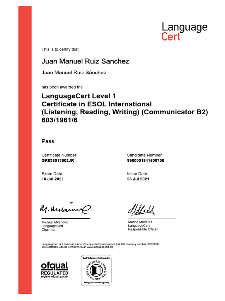 LanguageCert Level 1 ESOL Certificate | PDF