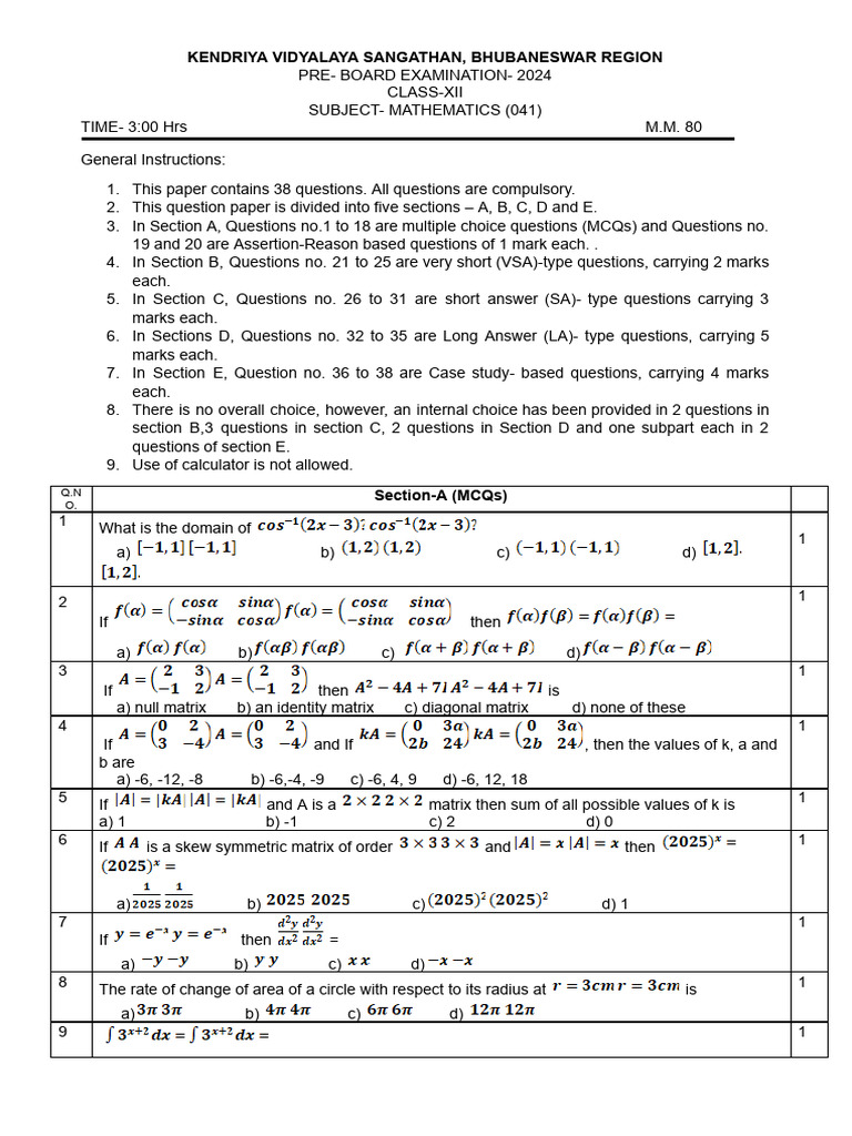 QP-XII-Math-Set-1 | PDF | Function (Mathematics) | Linear Algebra
