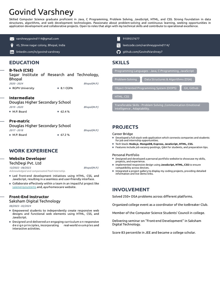 Govind Varshney Resume 2024 Passout | PDF | Java Script | Html