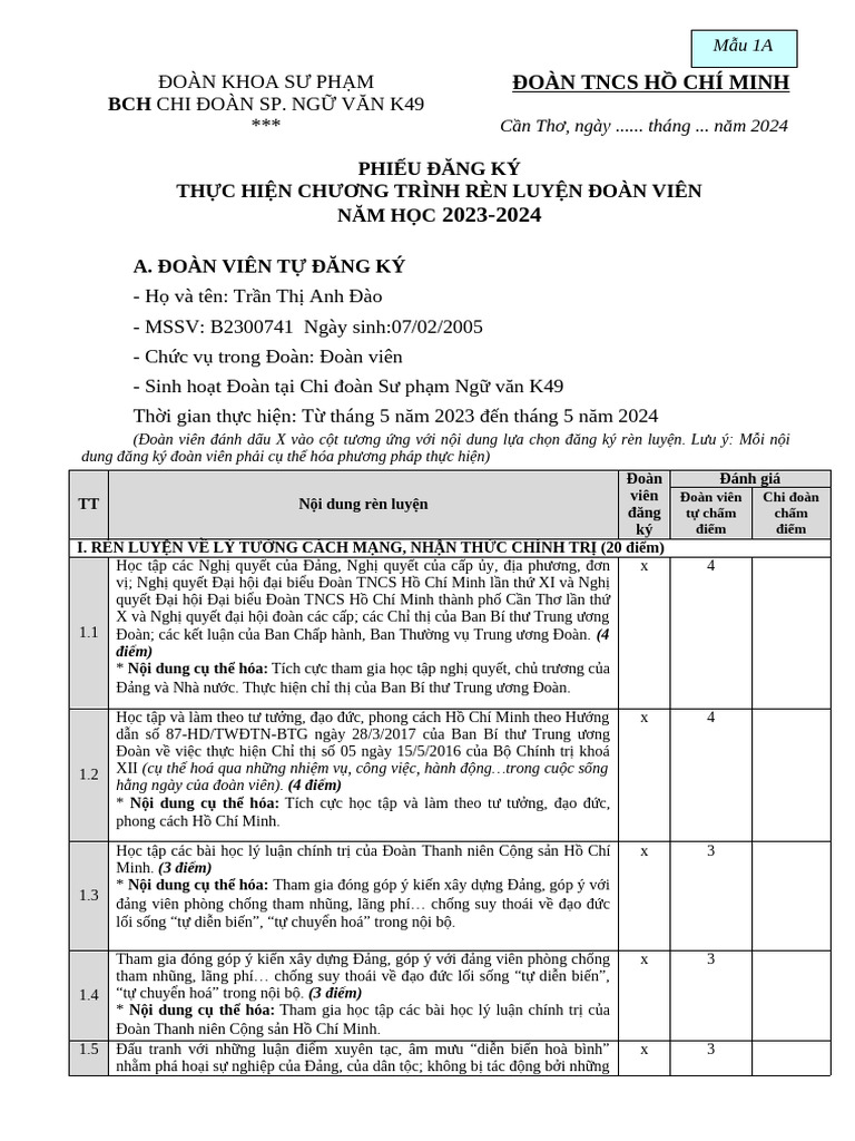 Mau 1A_Dang Ky Va Danh Gia Chuong Trinh Ren Luyen Doan Vien (1) (1) | PDF