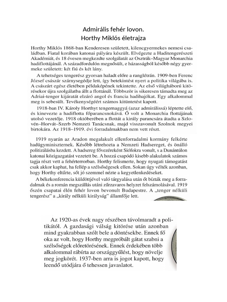 Admirális fehér lovon Horthy Miklós élete | PDF