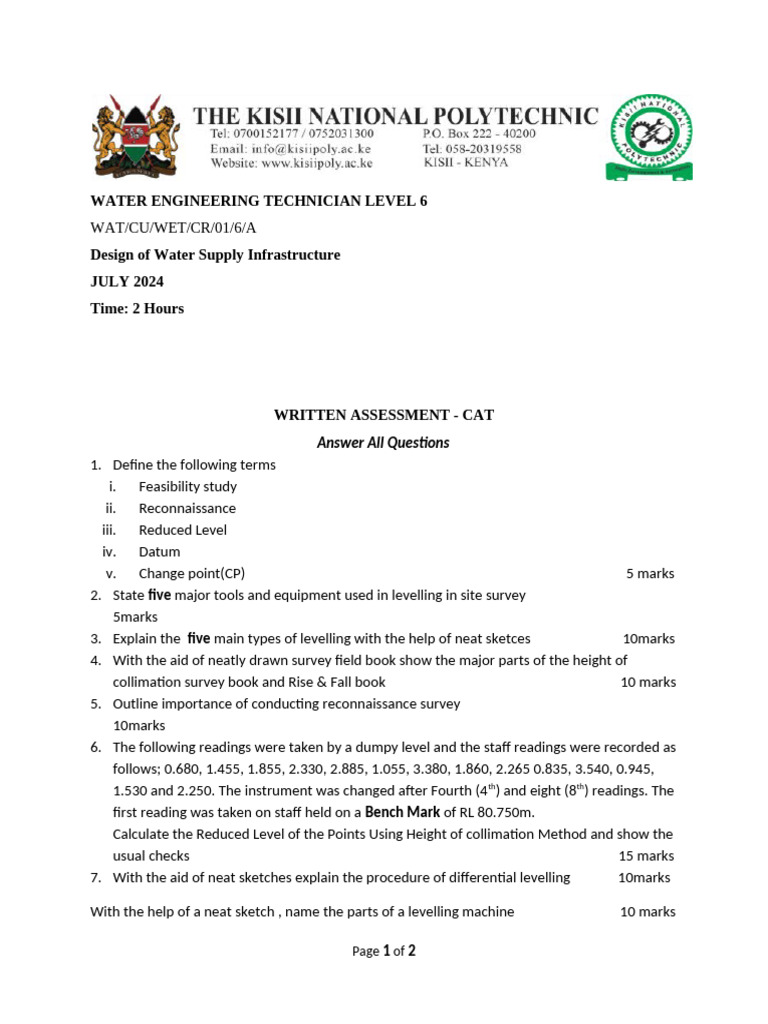 Design of Water Supply Infrastracture Level 6 - WET M24 (CAT) - July | PDF