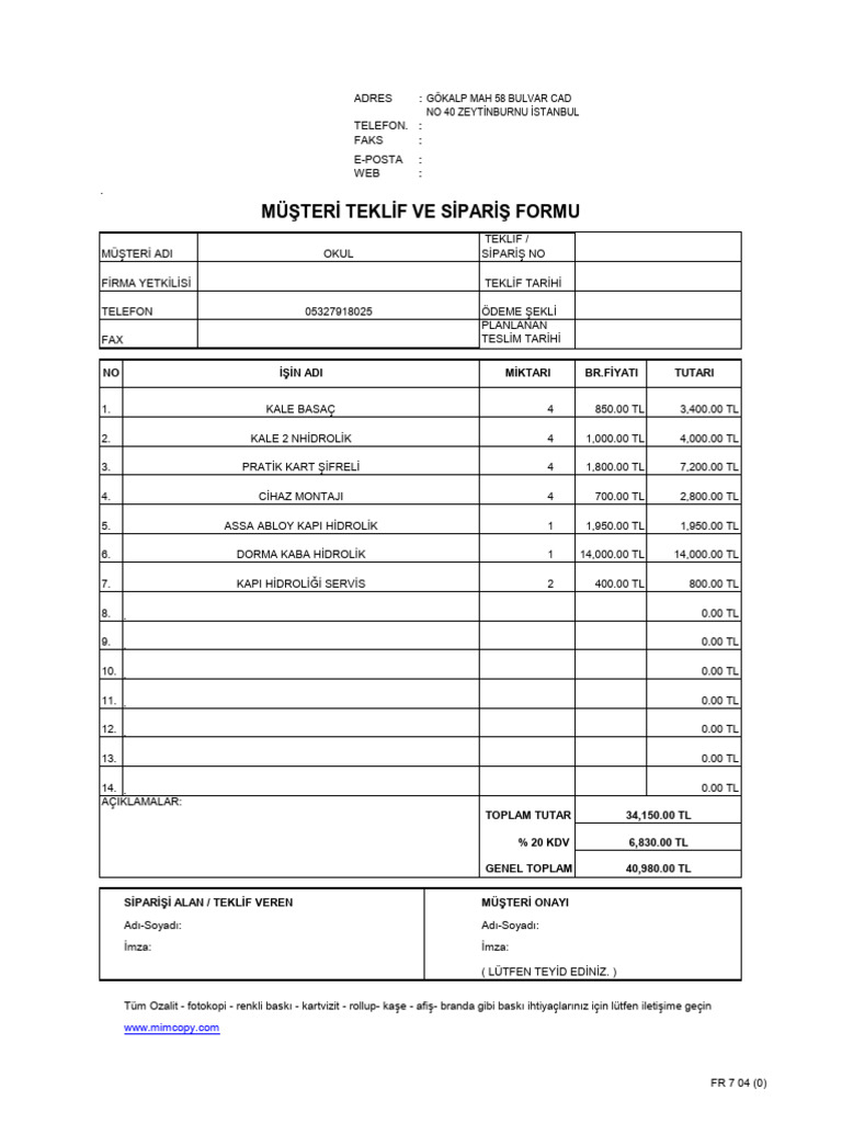 Excel Fiyat Teklif Şablonu | PDF