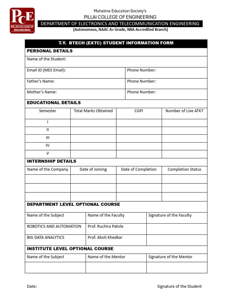 Student Information Form TY BTECH | PDF