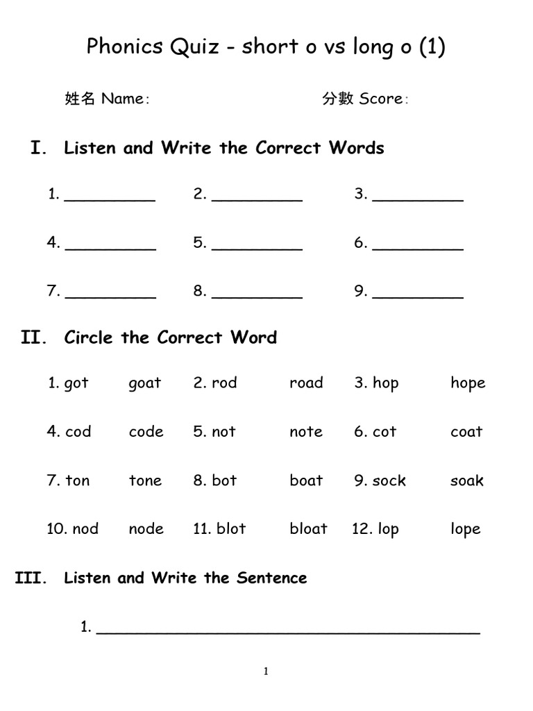 Phonics Quiz - Short Vowel o vs Long Vowel o (1) | PDF