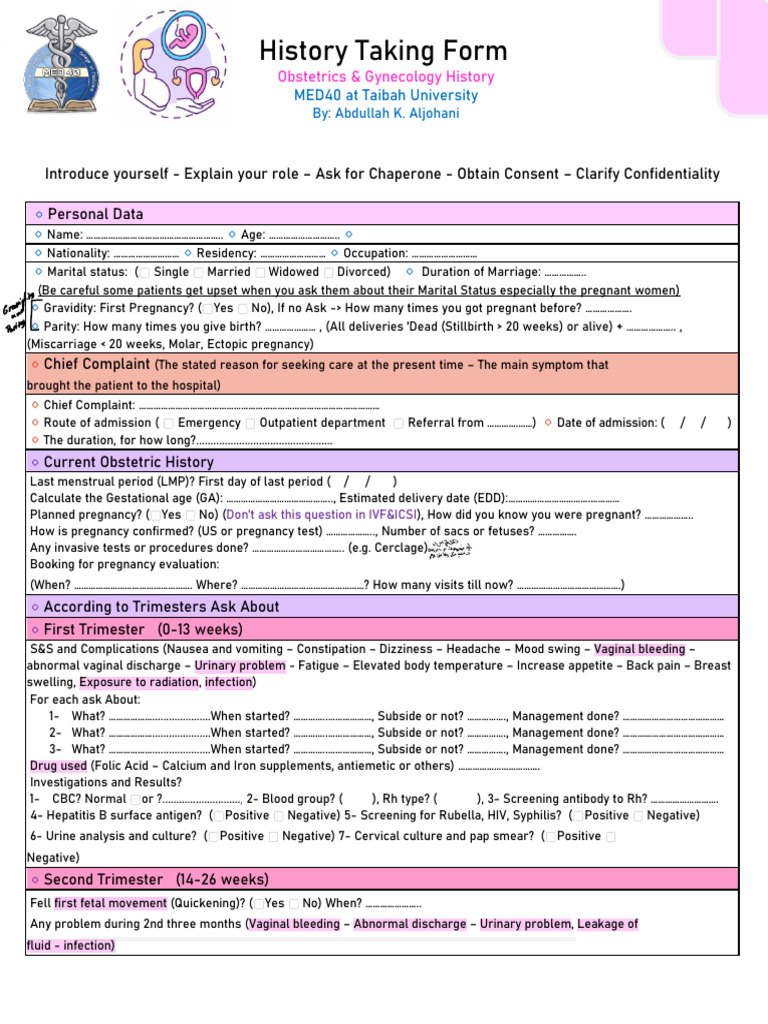 History Taking Form - Obstetrics & Gynecology Copy (2) | PDF ...