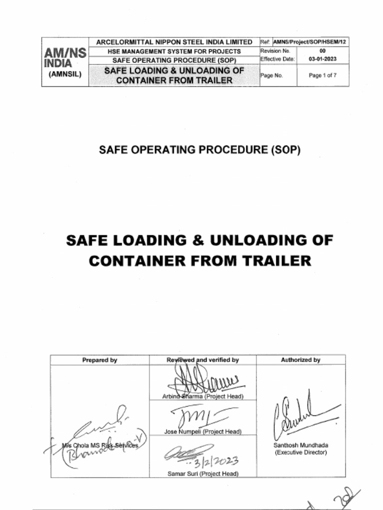 AMNS-Project-SOP-HSEM-12- Unloading of Container | PDF