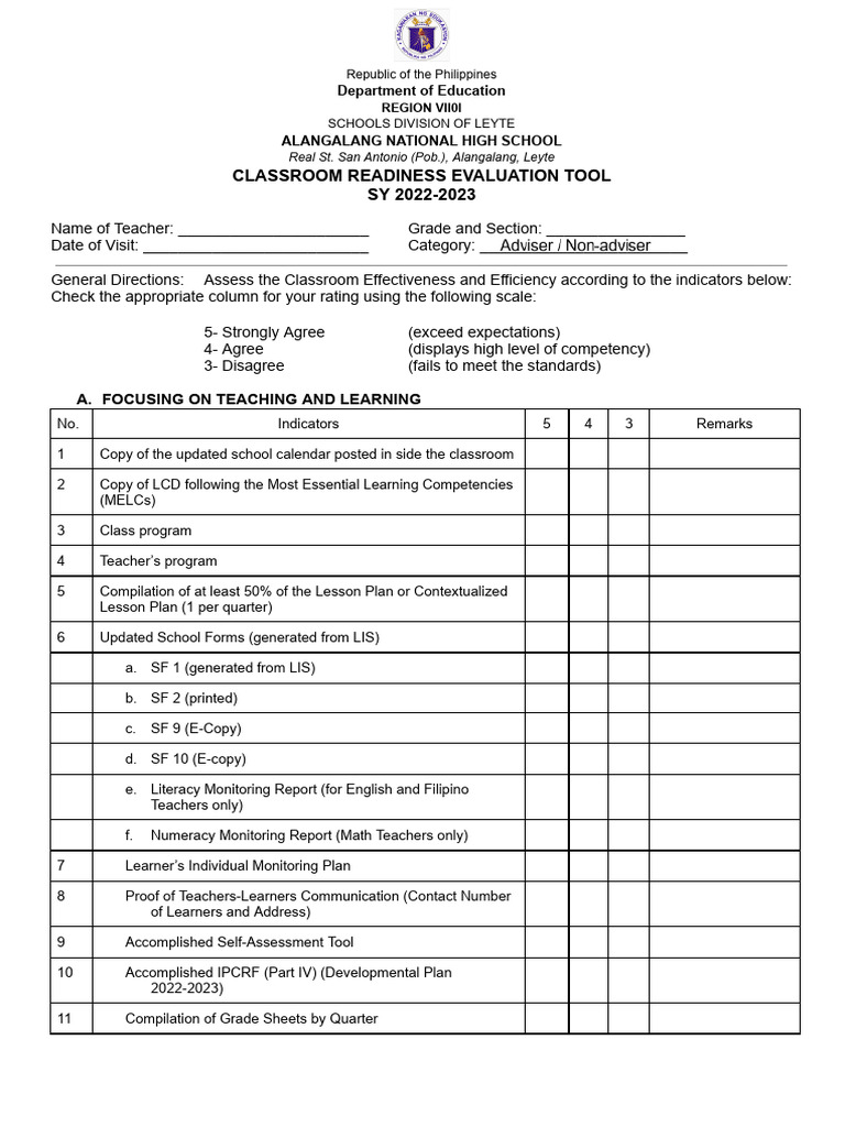 Classroom Readiness Evaluation Tool 1 | PDF | Teachers | Lesson Plan