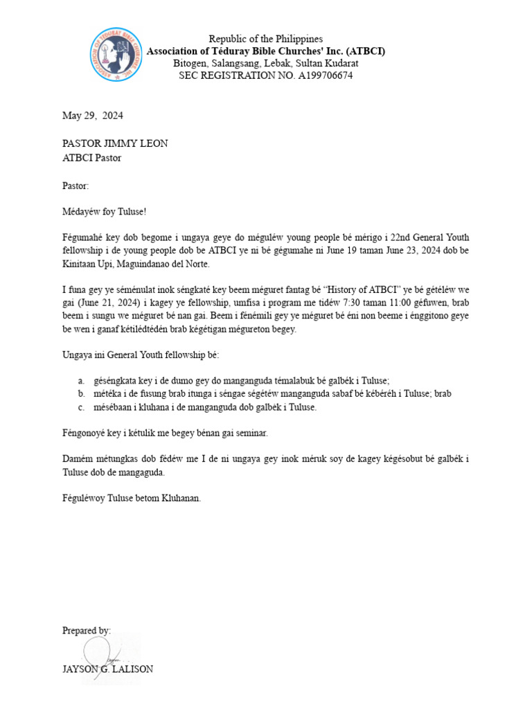ATBCI Youth Letter 1 | PDF