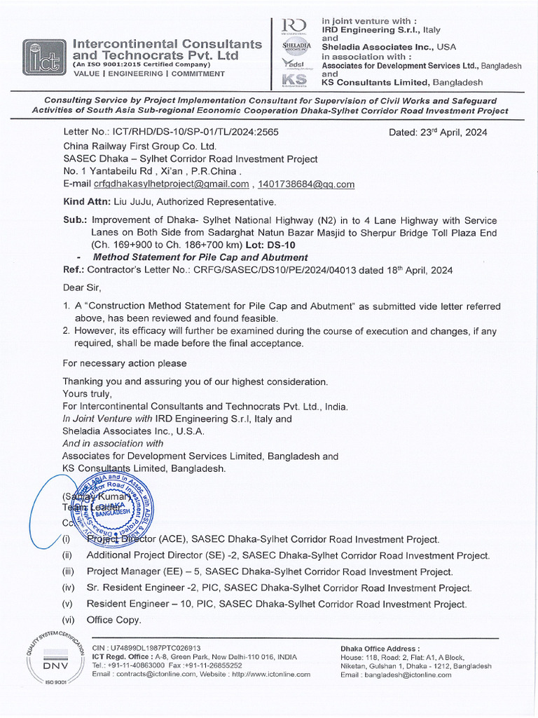 ICT-RHD-DS-10-SP-01-TL-2024-2565 Method Statement For Pile Cap and Abutment | PDF