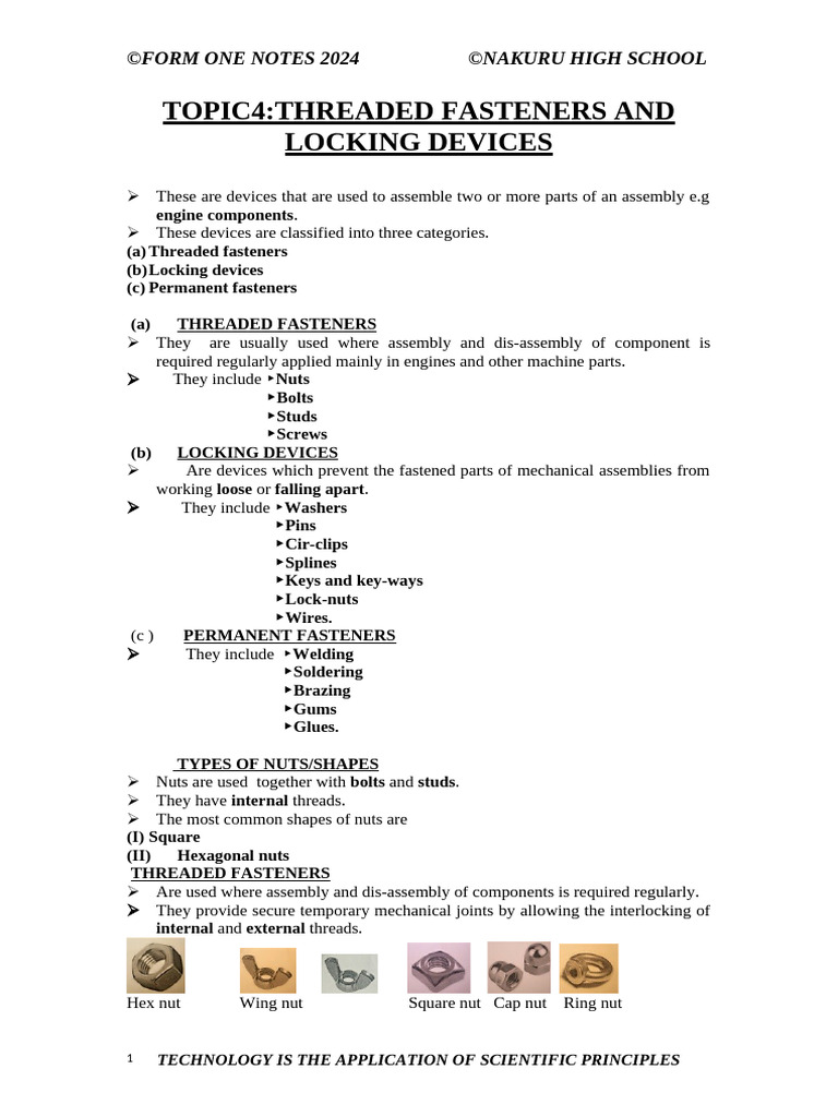Topic 4 Threaded Fasteners and Locking Devices | PDF | Screw | Nut ...
