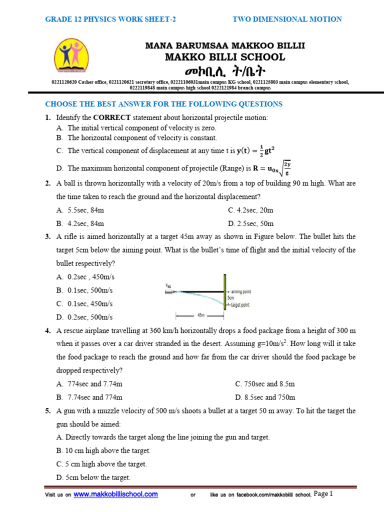 Grade 12 Physics: Projectile Motion Worksheet | PDF | Projectiles | Flight