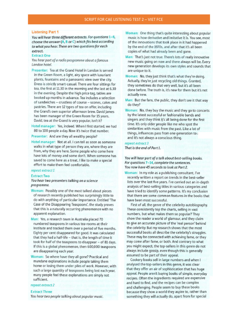 Script For CAE Listening Test 2 | PDF