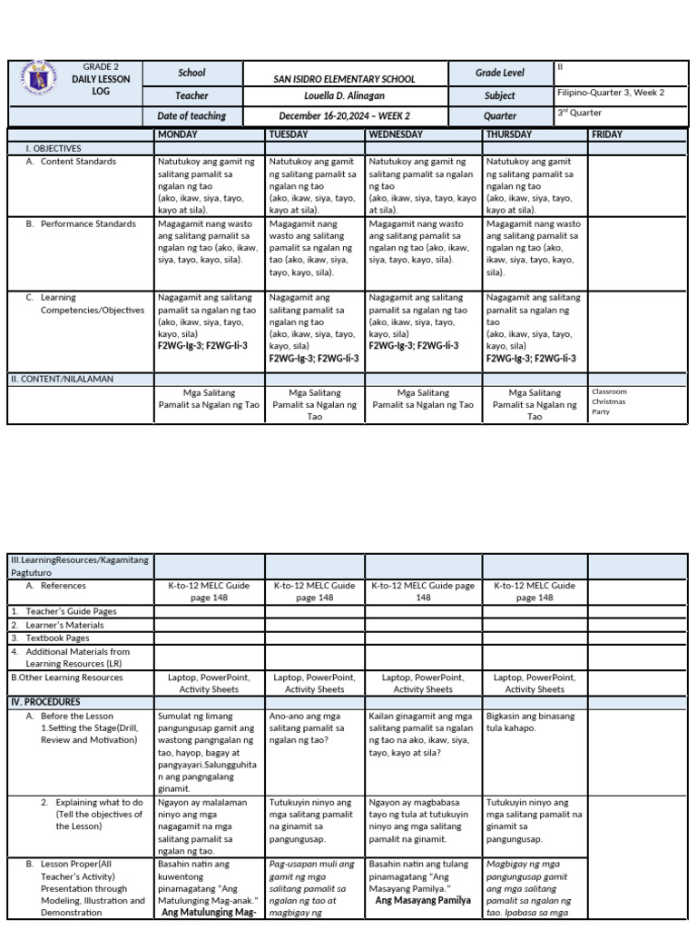 DLL Filipino Q3W2 | PDF