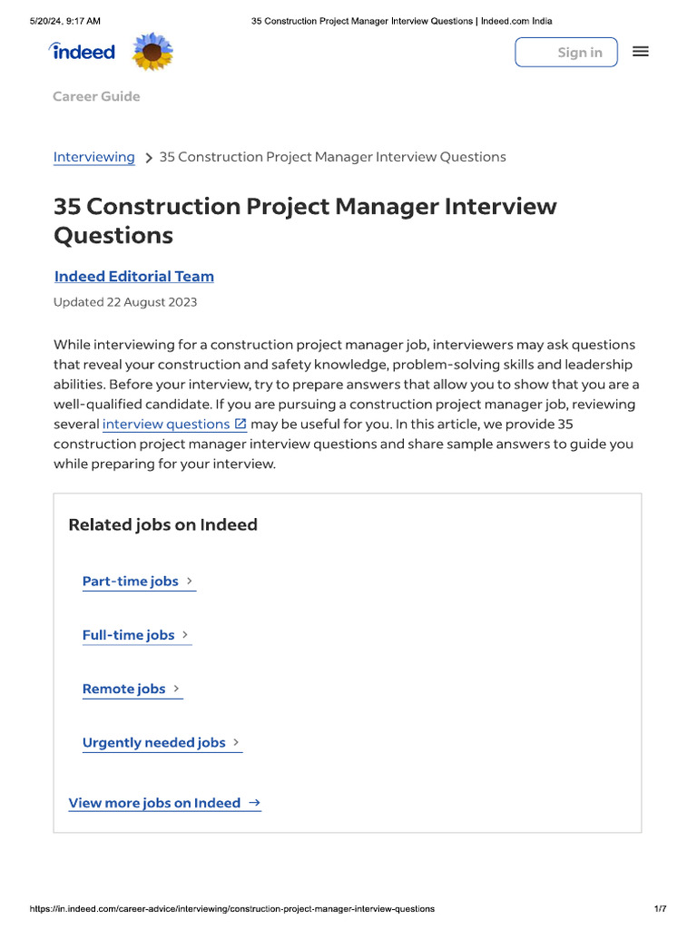 35 Construction Project Manager Interview Questions - Indeed - Com India | PDF