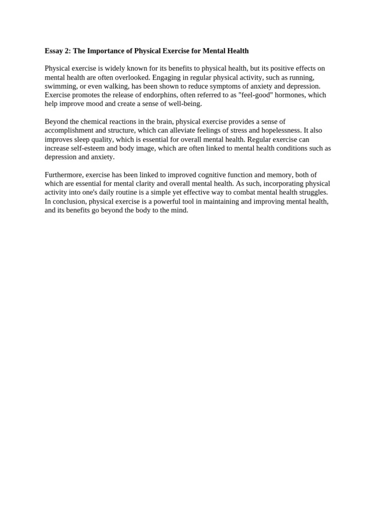 Essay 2: The Importance of Physical Exercise For Mental Health | PDF