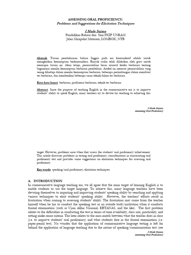 ASSESSING ORAL PROFICIENCY Problems and | PDF | Linguistics | Vocabulary
