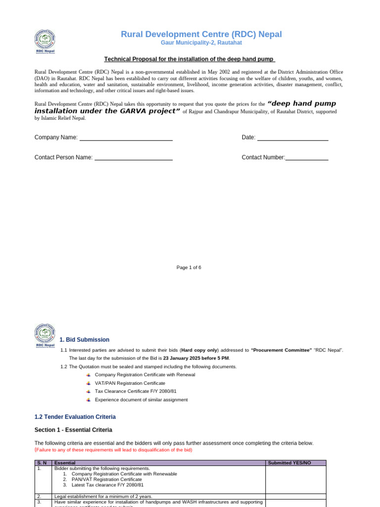 Deep Hand Pump Installation Bid | PDF