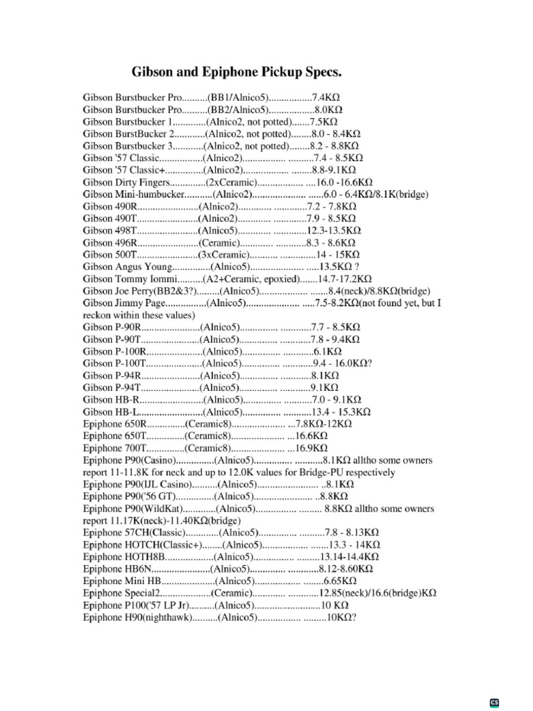 Gibson & Epiphone Pickup Specs - 1 | PDF