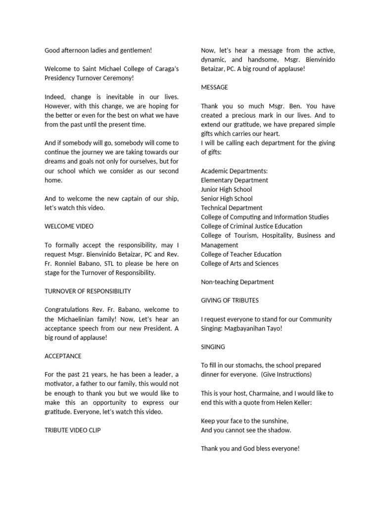 Turnover Ceremeony Script | PDF