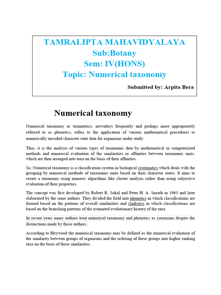 Sem 4 Numerical Taxonomy Pdf Taxonomy Biology Biological 1816