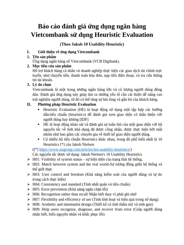 Báo Cáo Đánh Giá NG D NG Ngân Hàng Vietcombank S D NG Heuristic Evaluation | PDF
