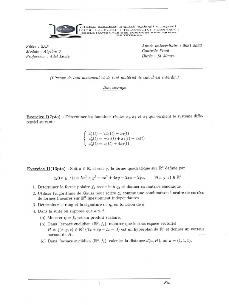 CF Algèbre3 Corrigé 2021-2022 | PDF