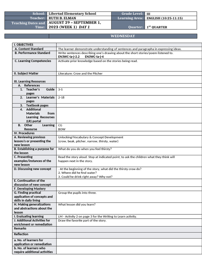 Q1 W1 Day 1 | PDF | Learning | Teachers