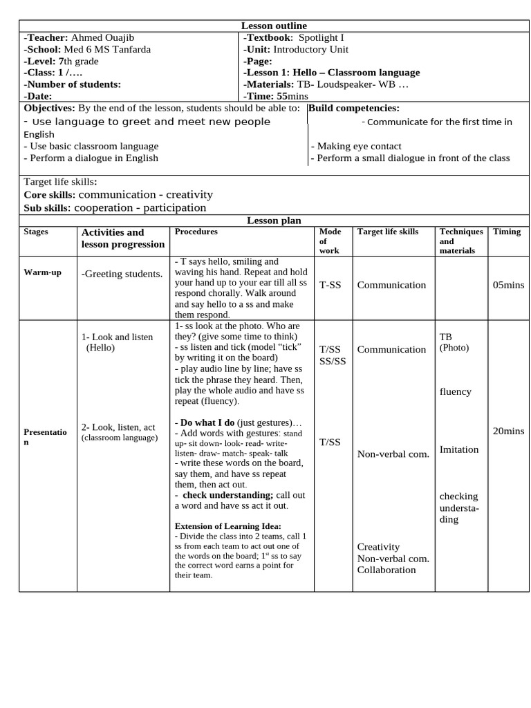 1 - Intro-Unit Lesson1 Hello Classroom-Lg | PDF | Nonverbal Communication | Communication