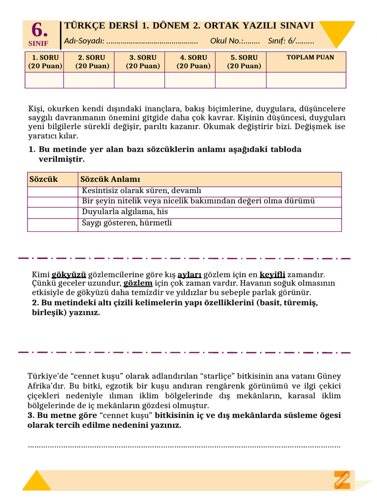 6.SINIF-1.-DONEM-2.YAZILI-Z-TURKCE-MEB-SENARYO-4 | PDF