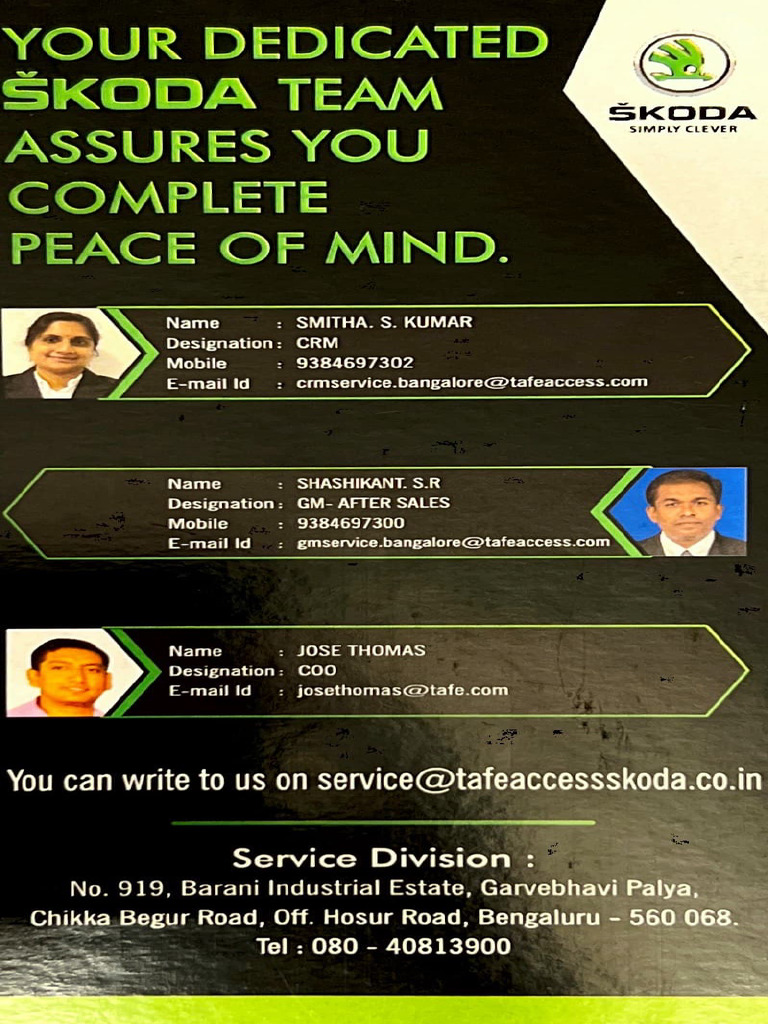 Skoda Service Team Contacts Bengaluru | PDF