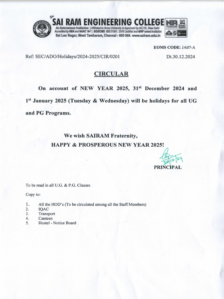 Circular - New Year 2025 | PDF
